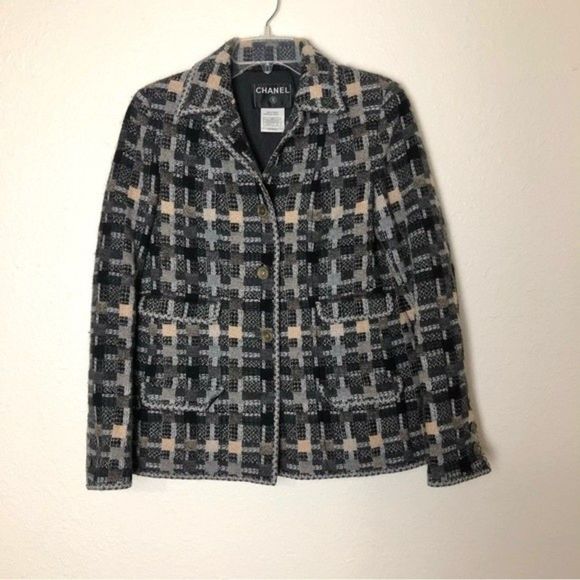 CHANEL | Jackets & Coats | Chanel Tweed Jacket Wool Blend Plaid ...